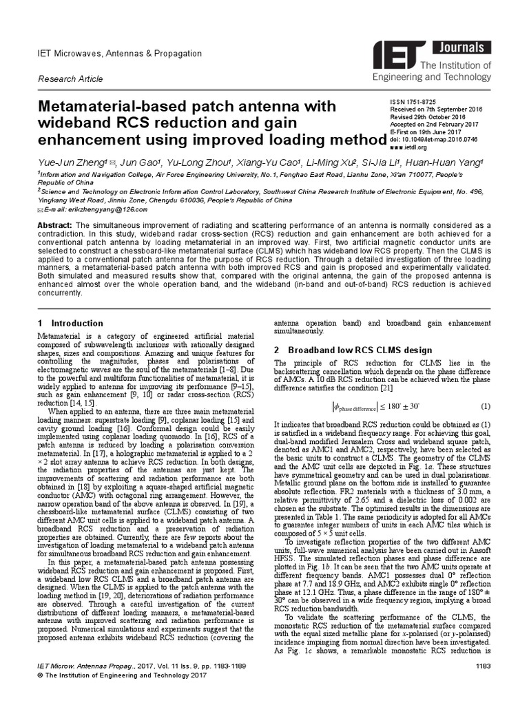 IET Microwaves Antenna Prop - 2017 - Zheng - Metamaterial Based Patch Antenna With Wideband RCS ...