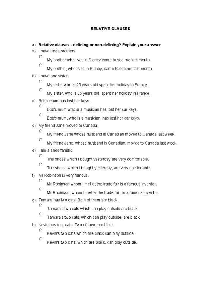 Relative Clauses - Exercises - G 1-2015 | PDF | Subject (Grammar) | Sentence (Linguistics)