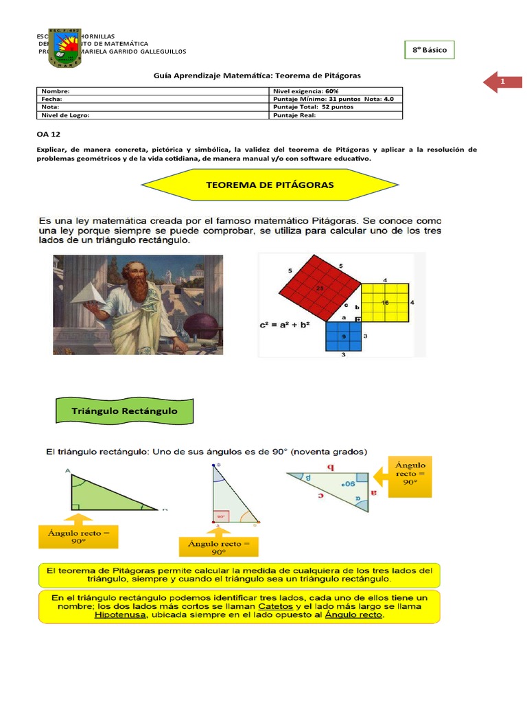 Guía Evaluada 8º Básico Teorema de Pitágoras | PDF | Triángulo ...