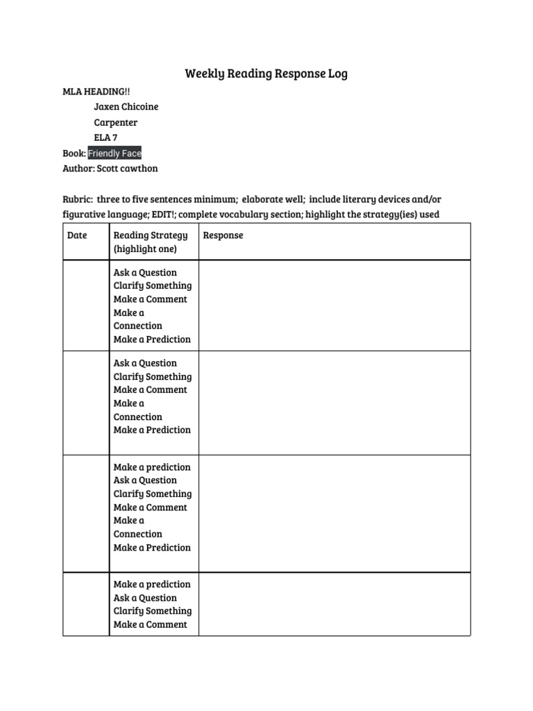 ELA 7 Reading Response Guide | PDF