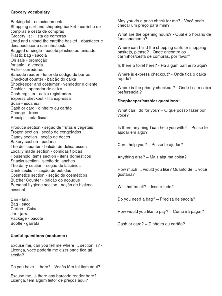 Grocery Vocabulary | PDF