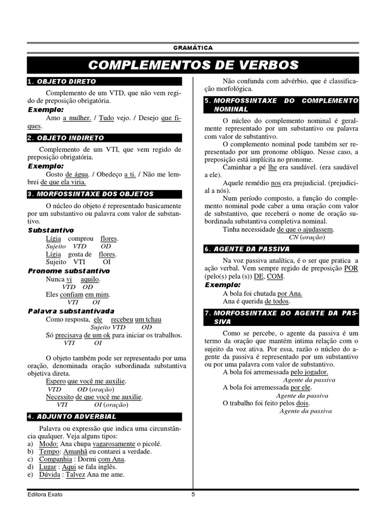02 - Complementos de Verbos | PDF | Assunto (gramática) | Objeto (gramática)