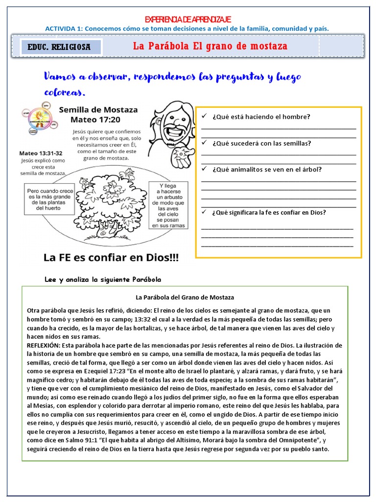 Martes 20 FICHA La Parábola El Grano de Mostaza | PDF | Jesús ...