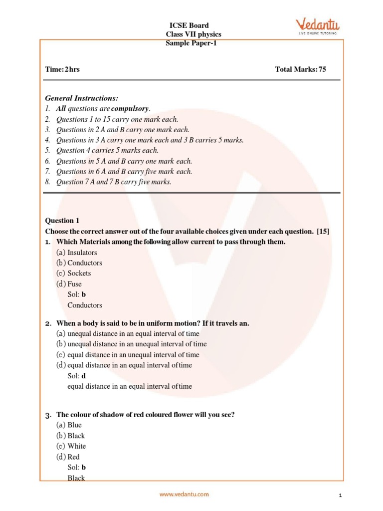 ICSE Class 7 Physics Sample Paper | PDF | Sun | Reflection (Physics)
