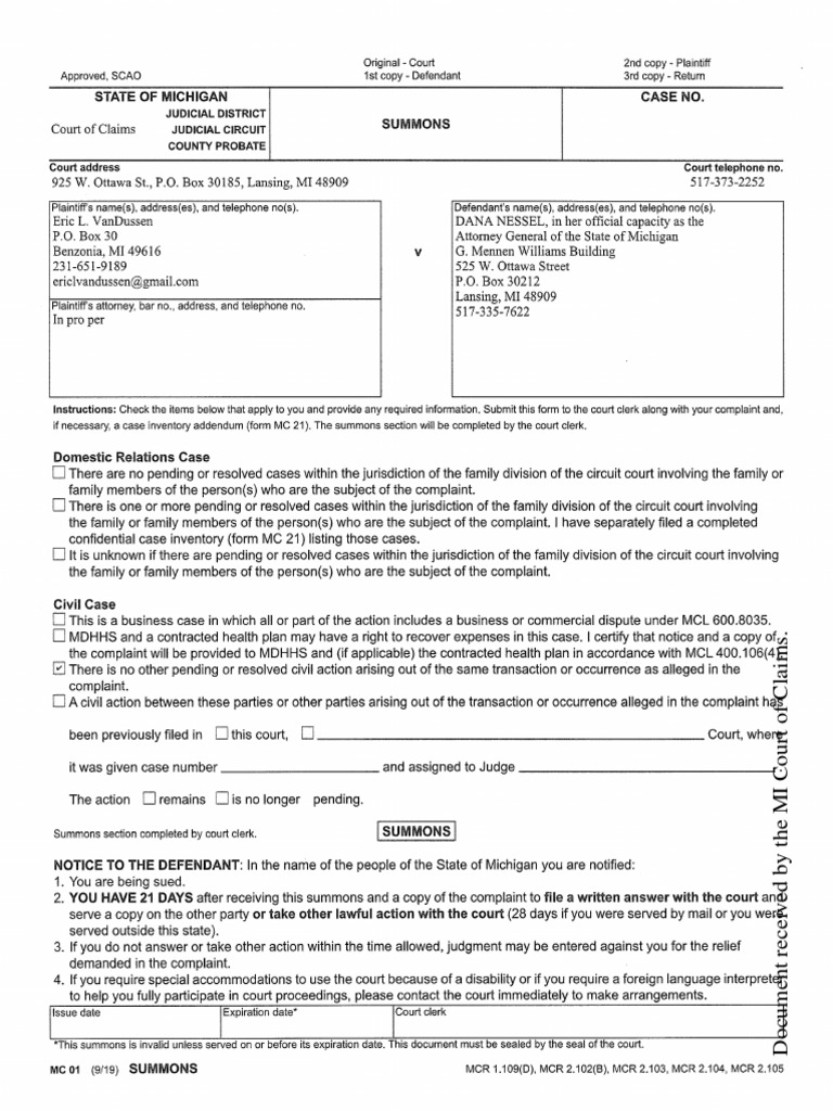 Eric L. Vandussen V Mi Ag Dana Nessel - Foia Complaint With Summons ...