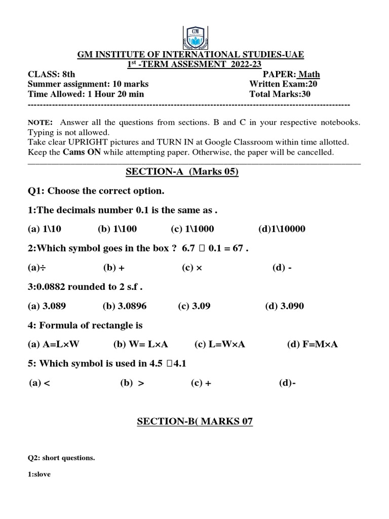 Paper Grade 8 Math | PDF