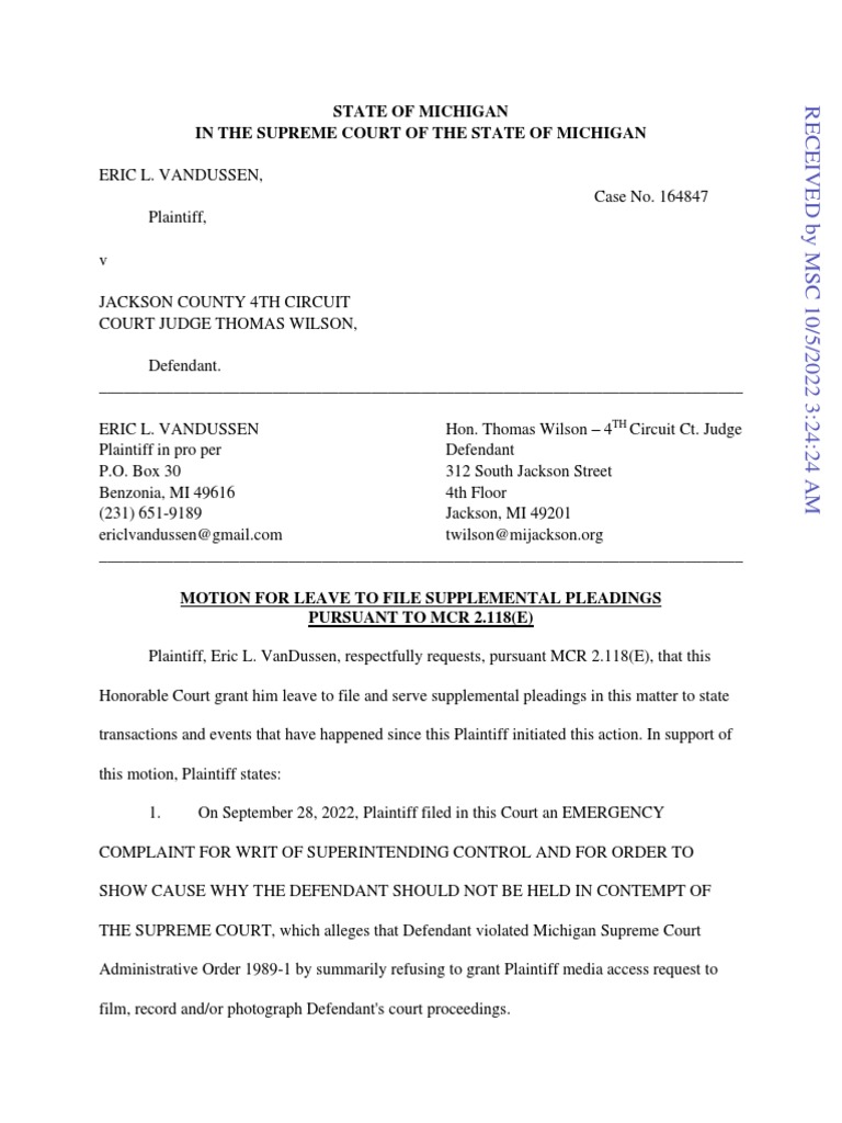 Vandussen V Jackson CC Judge Wilson - Motion For Leave To File Supplemental Pleadings Pursuant ...