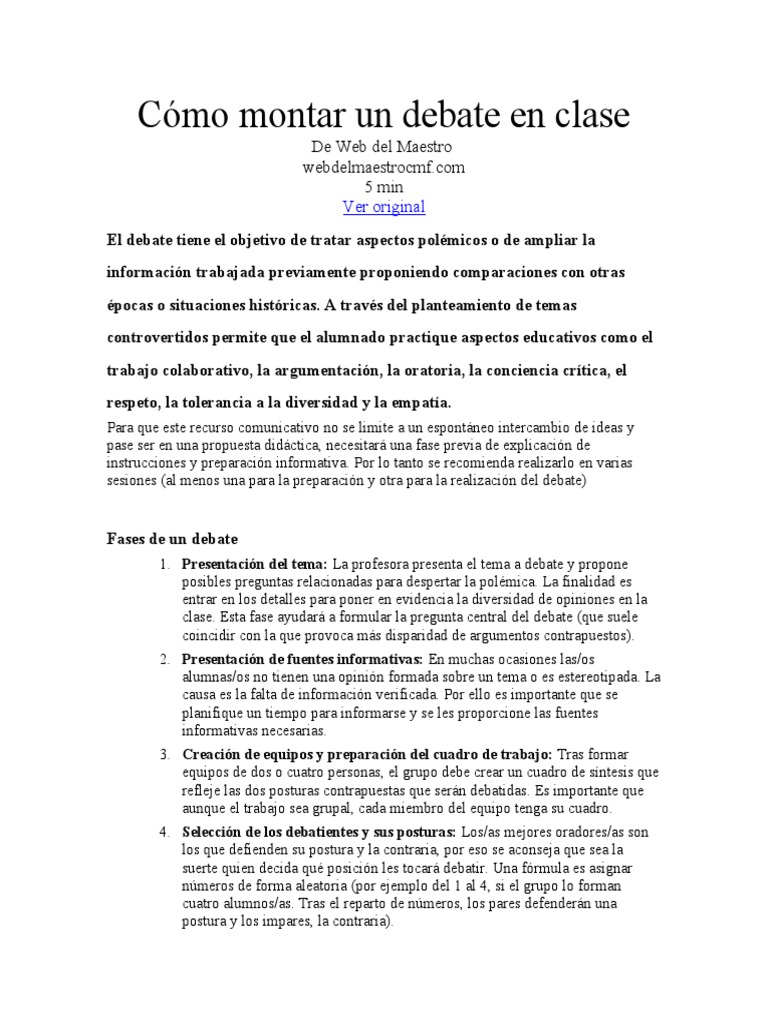 Cómo montar un debate en clase | PDF | Hablar en público | Método de ...