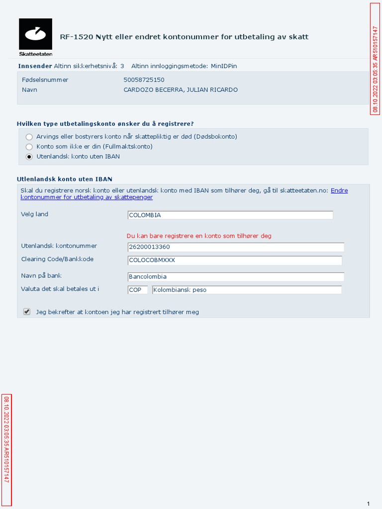 RF-1520 Nytt Eller Endret Kontonummer For Utbetaling Av Skatt | PDF