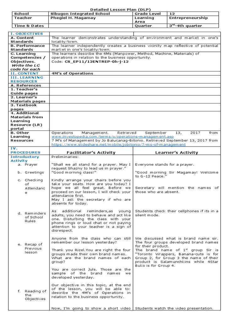 Grade 12 Entrepreneurship 4Ms Lesson Plan | PDF | Human Resources ...