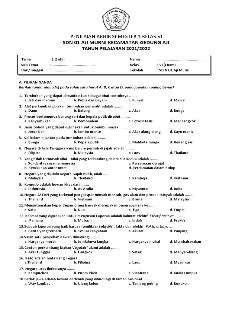 Soal PENILAIAN AKHIR SEMESTER 1 Kelas 5 | PDF | Perjalanan