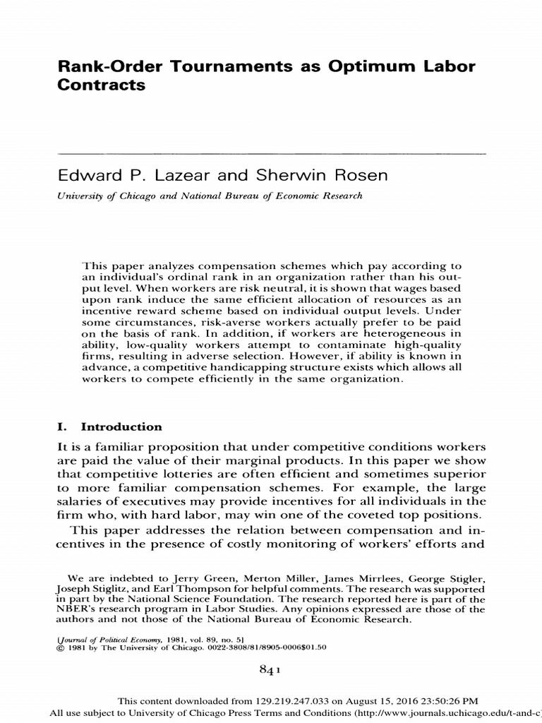 Lazear Rosen 1981 Rank-Order Tournaments As Optimum Labor Contracts ...