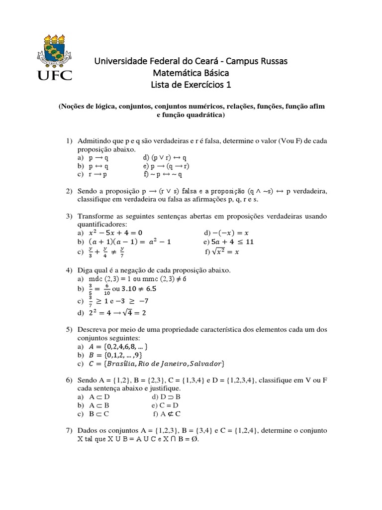 Matemática Básica - Lista de Exercícios 1 | PDF | Número real | Função ...