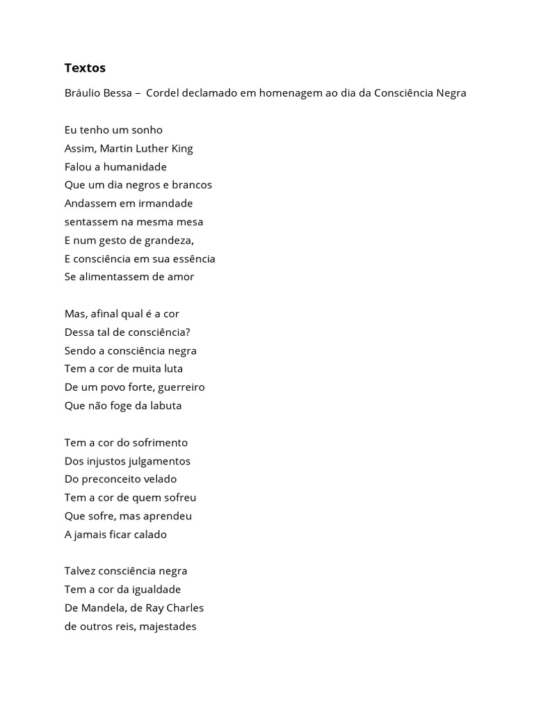 Poemas e músicas em homenagem ao Dia da Consciência Negra | PDF ...