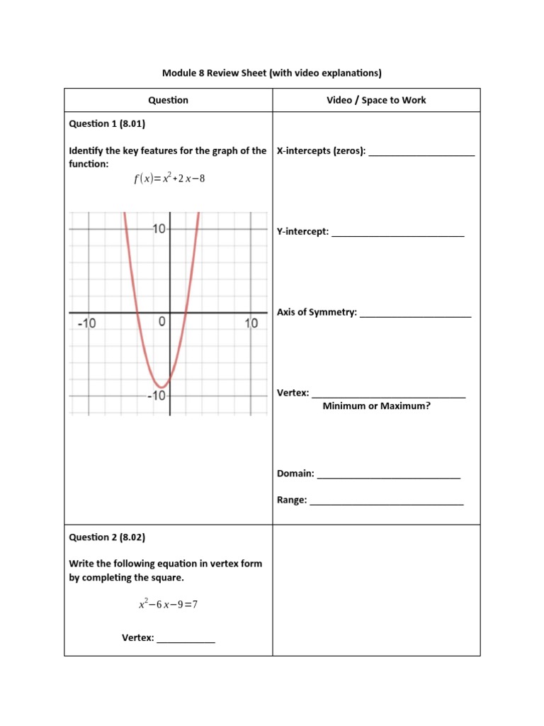 Algebra Module 8 Study Guide | PDF | Quadratic Equation | Discrete ...