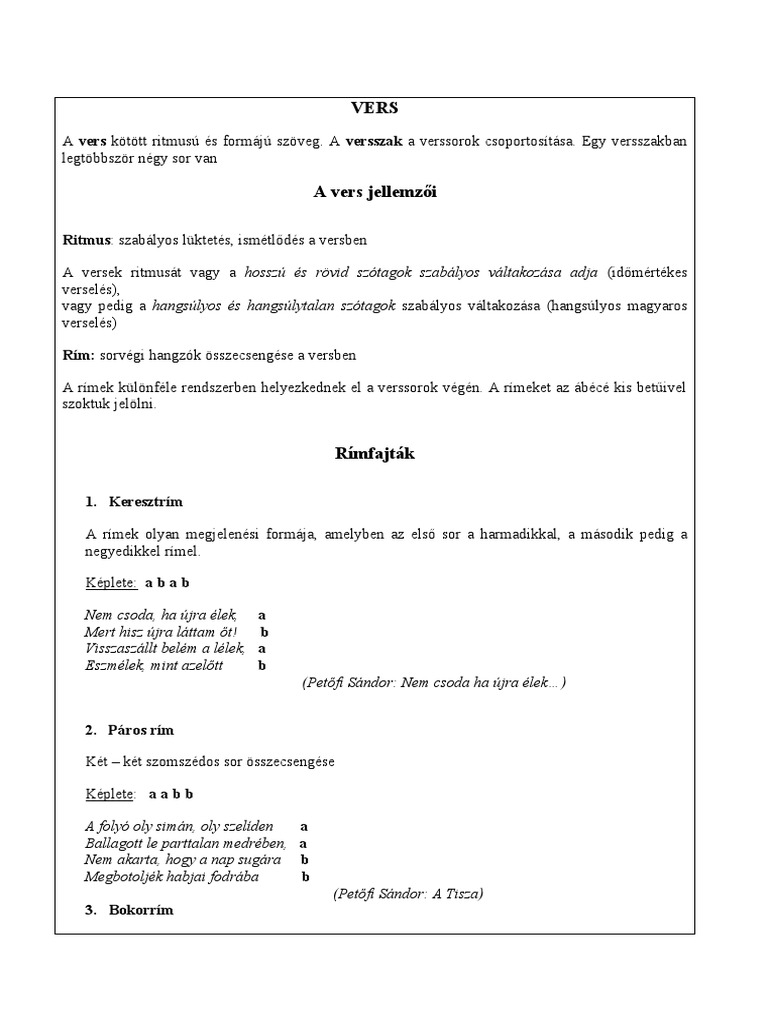 Vers Fogalma, Rímfajták | PDF