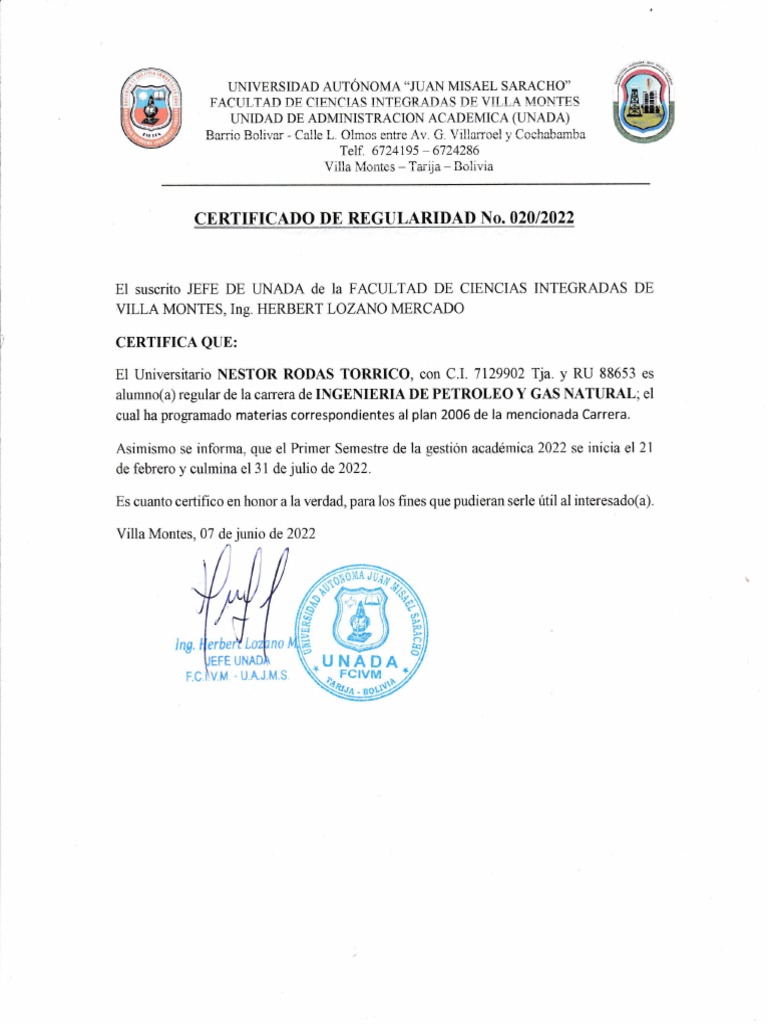 Certificado de Regularidad Estudiantil | PDF