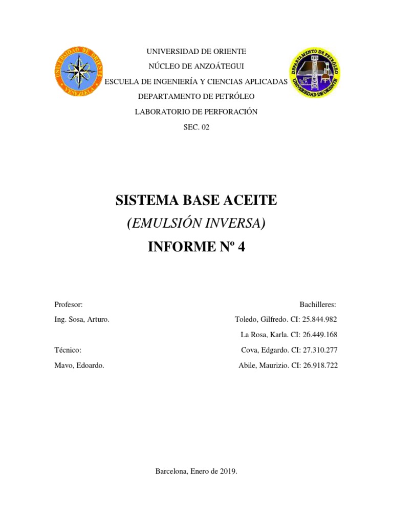 INFORME #4. Sistema Base Aceite (Emulsión Inversa) | PDF | Agua | Fase (materia)