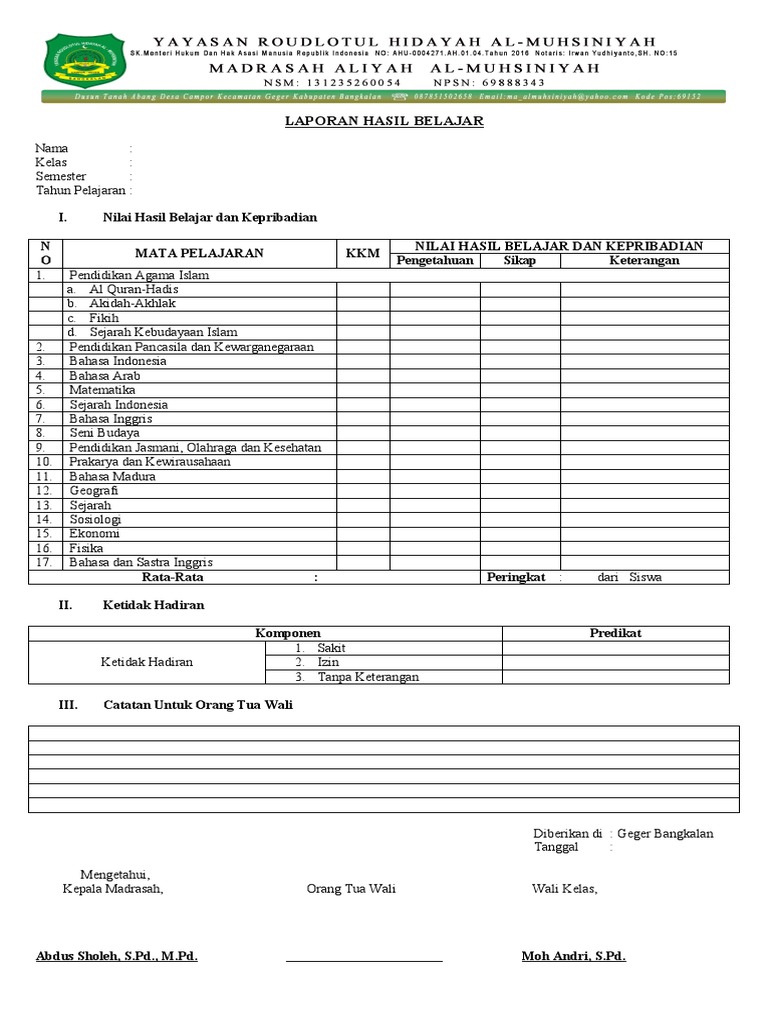 Rapot Selembar Ma Almuhsiniyah | PDF