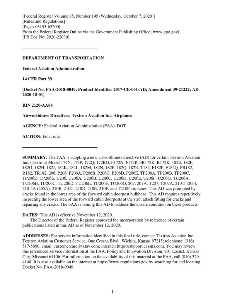 Textron Airworthiness Directive | PDF | Federal Aviation Administration ...