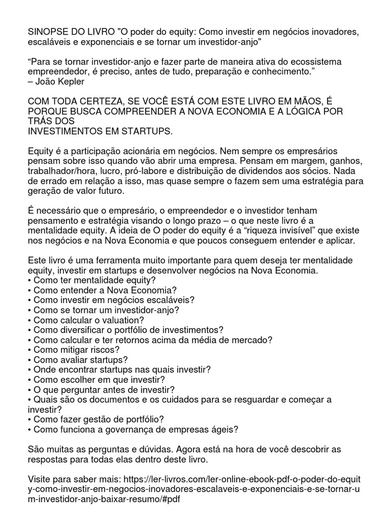 O Poder Do Equity - Como Investir em Negócios Inovadores, Escaláveis e Exponenciais e Se Tornar ...