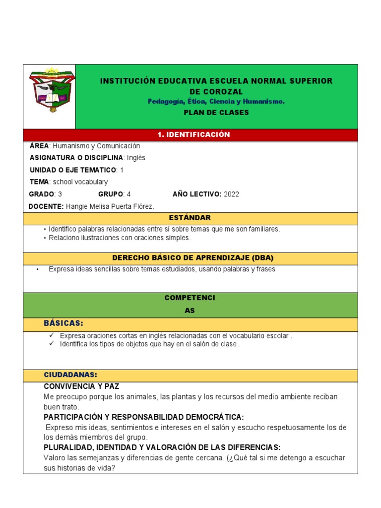 Plan de clases de vocabulario escolar en inglés | PDF | Aprendizaje | Cognición