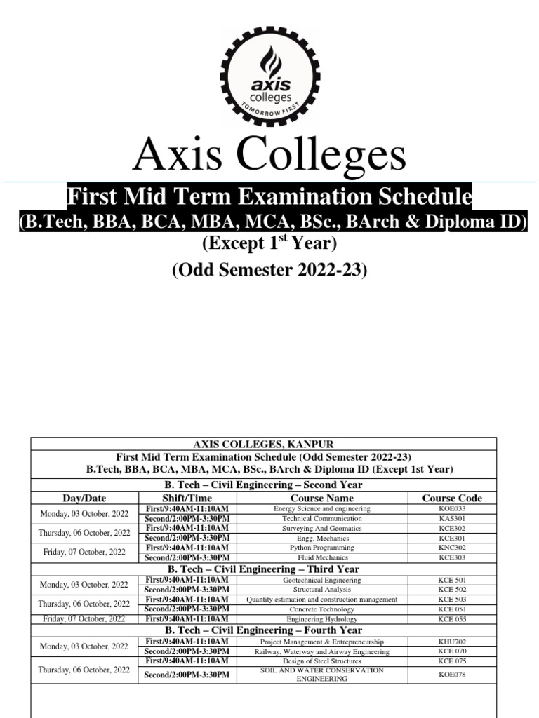 Revised - First Mid Examination-B.tech, BBA, BCA, MBA, MCA, BSC, BArch, Diploma ID (Except First ...