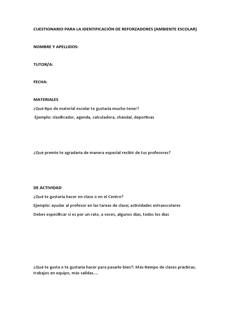 Cuestionario de Reforzadores Escolares | PDF