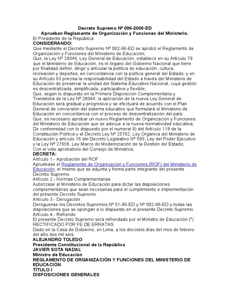 Reglamento de Organización y Funciones (ROF) Del Ministerio de Educación | PDF | Educación de la ...