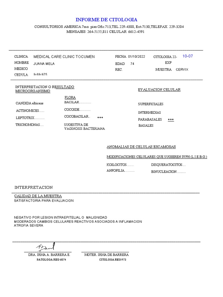 Informe de Citología de Juana Mela Muestra Cervical con Hallazgos de ...