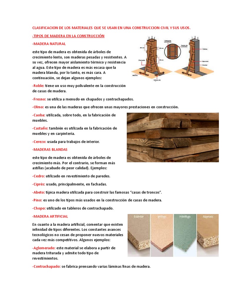 Clasificacion de Los Materiales Que Se Usan en Una Construccion Civil y Sus Usos | PDF | Madera ...