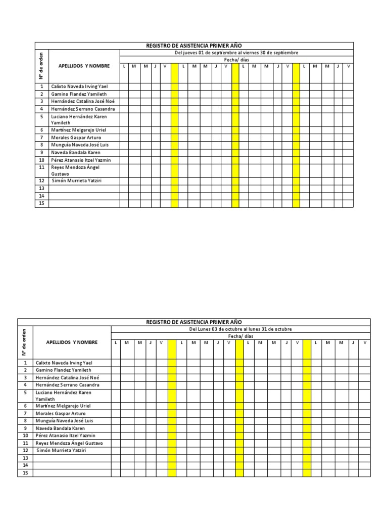 Registro de Asistencia 1ERO | PDF