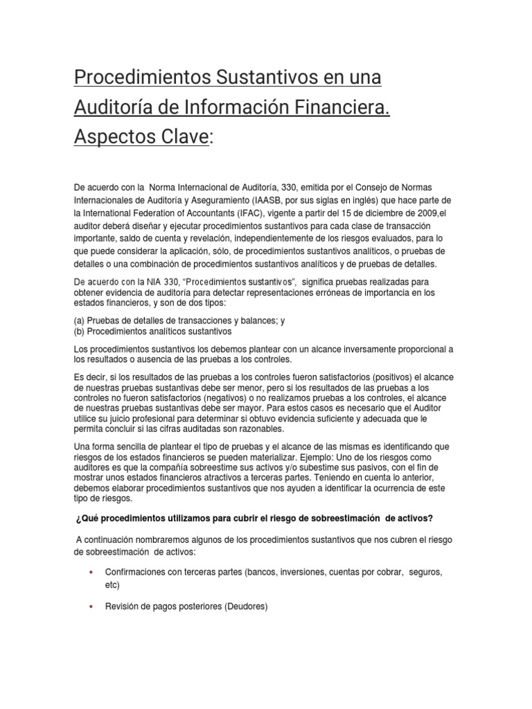 Procedimientos Sustantivos en Una Auditoría de Información Financiera | PDF Procedimientos Sustantivos en Una Auditoría de Información Financiera | PDF