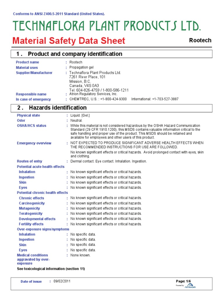 Rootech Propagation Gel Safety Data | PDF | Dangerous Goods | Personal ...