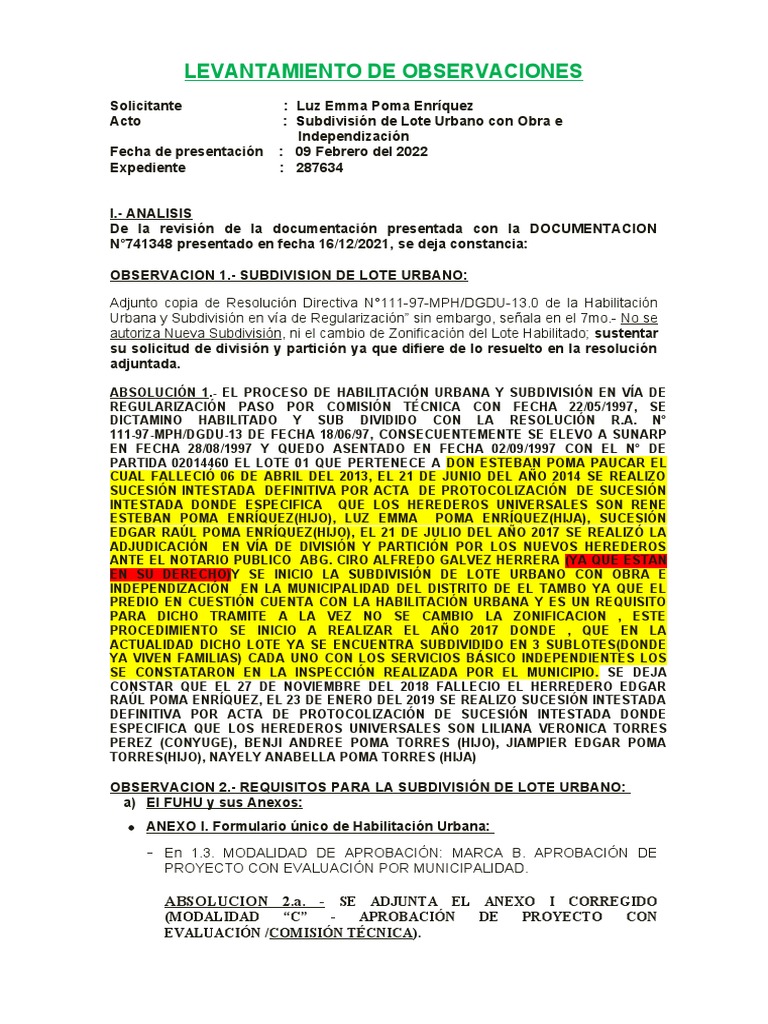 Levantamiento de Observaciones Final | PDF | Derecho Civil (Common Law) | Ley común