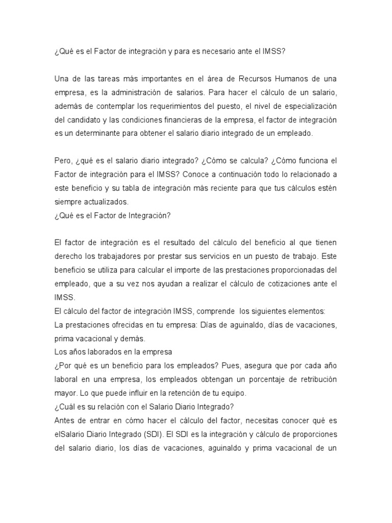 Factor de Integración y su Cálculo IMSS | PDF | Salario | Gestión de ...