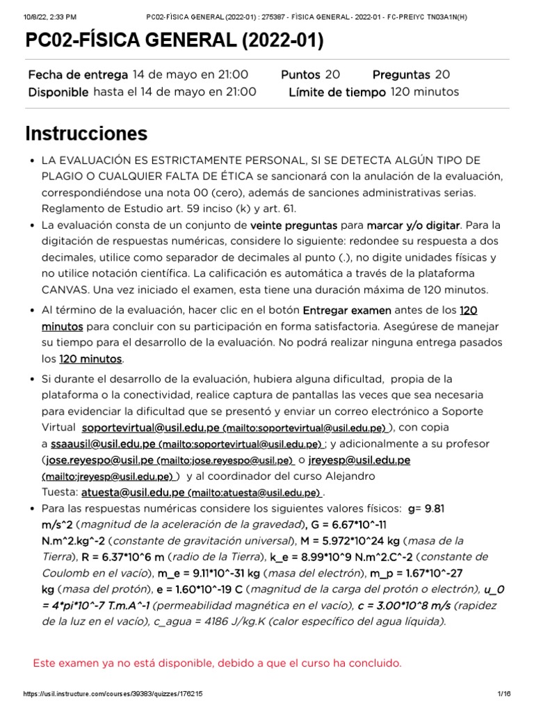 Pc02-Física General (2022-01) - 275387 - Física General - 2022-01 - Fc-Preiyc Tn03a1n (H) | PDF