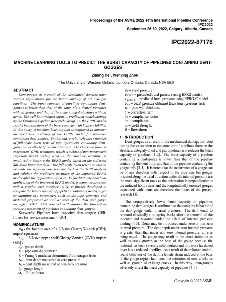 Ipc2022-87176 Machine Learning Tools To Predict The Burst Capacity of ...