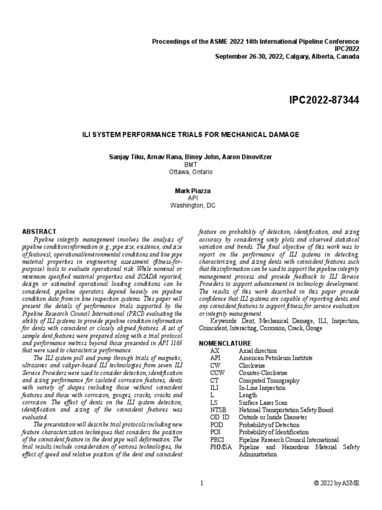Ipc2022-87344 Ili System Performance Trials For Mechanical Damage | PDF ...