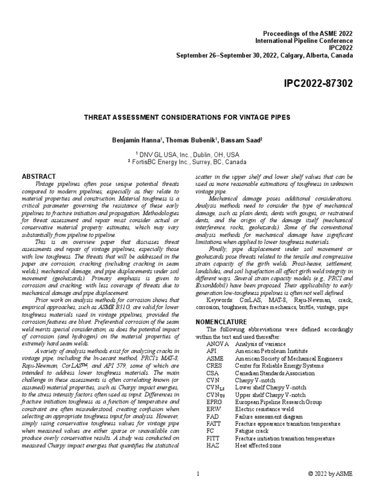 IPC 2022-87302 Threat Assessment Considerations For Vintage Pipes ...