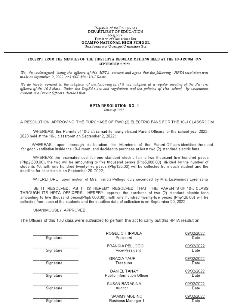HPTA Resolution for 10-J Electric Fans | PDF | Finance & Money Management