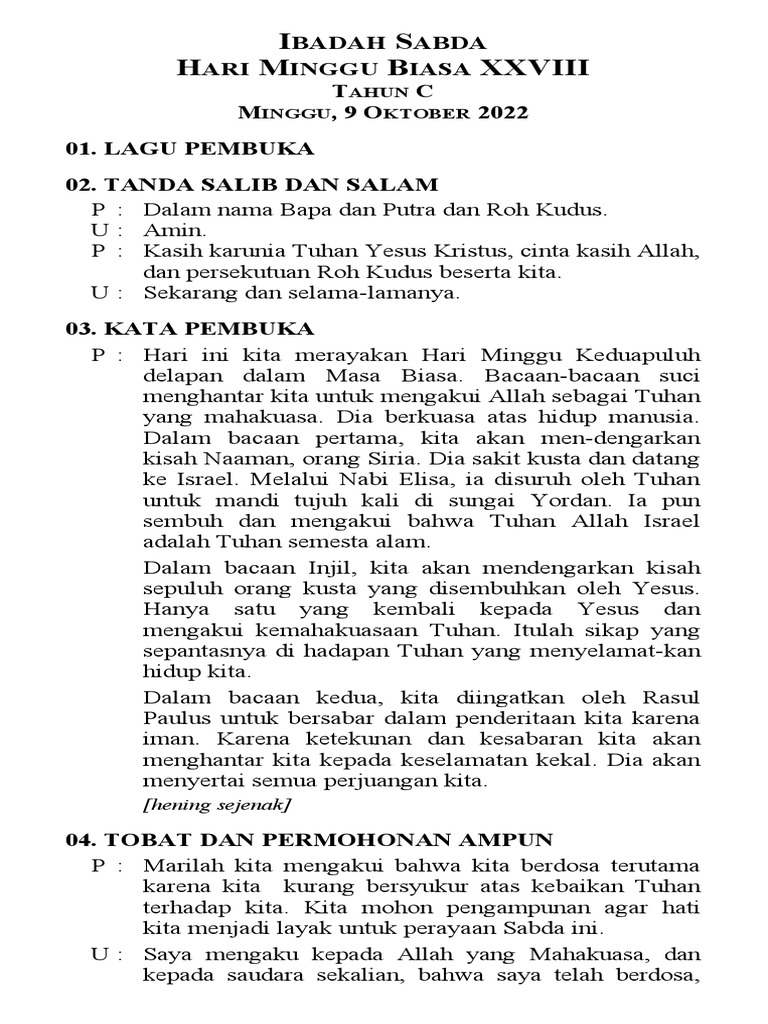 Ibadat Sabda Minggu Biasa XXVIII C | PDF