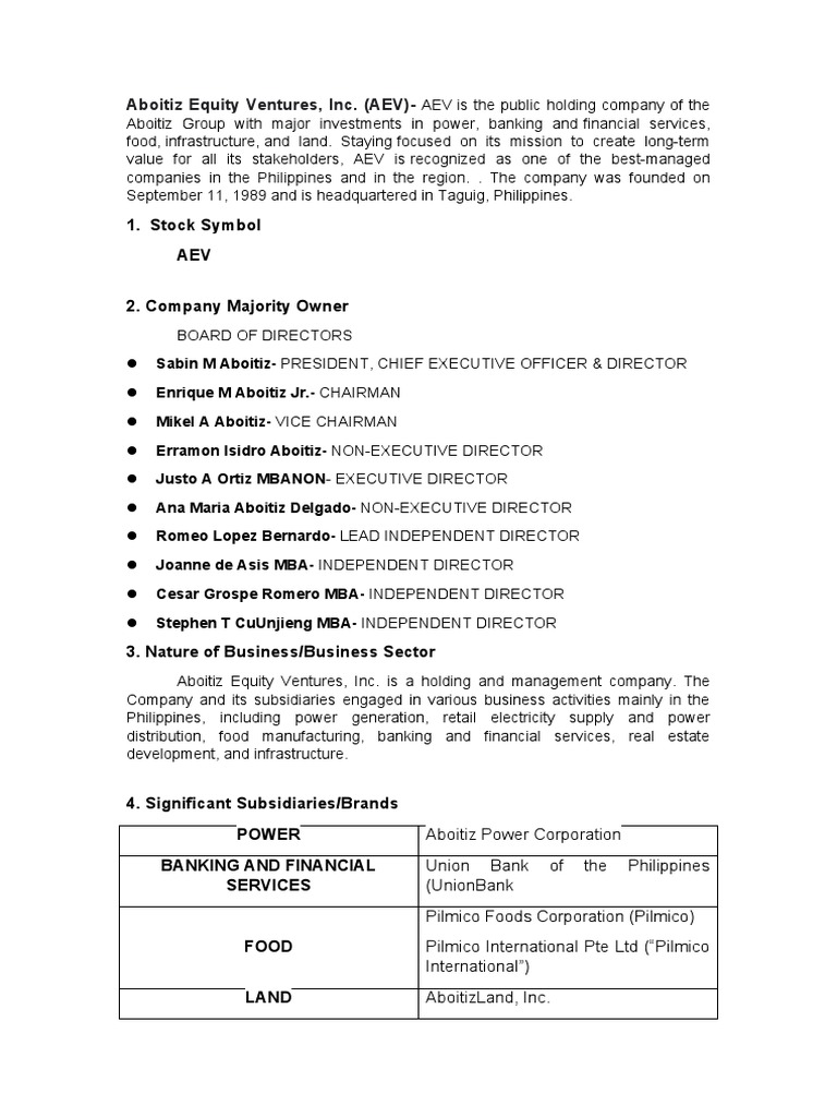 Aboitiz Equity Venture AEV | PDF | Stocks | Business