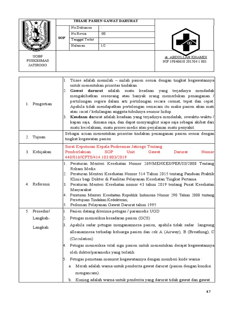 Ep 1. Sop Triase Pasien Gawat Darurat | PDF