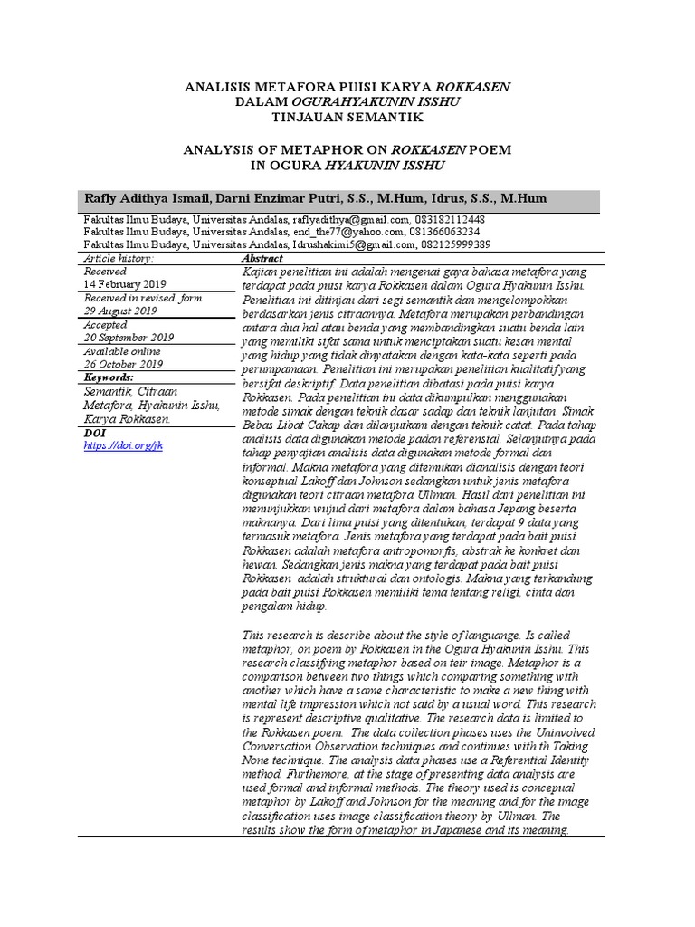 ANALISIS METAFORA DALAM PUISI ROKKASEN: TEMATIK, JENIS CITRAAN, DAN ...