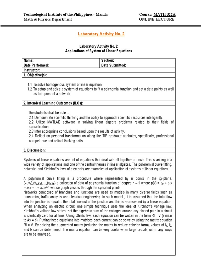 Activity 2 Applications Of System Of Linear Equations 1 Pdf