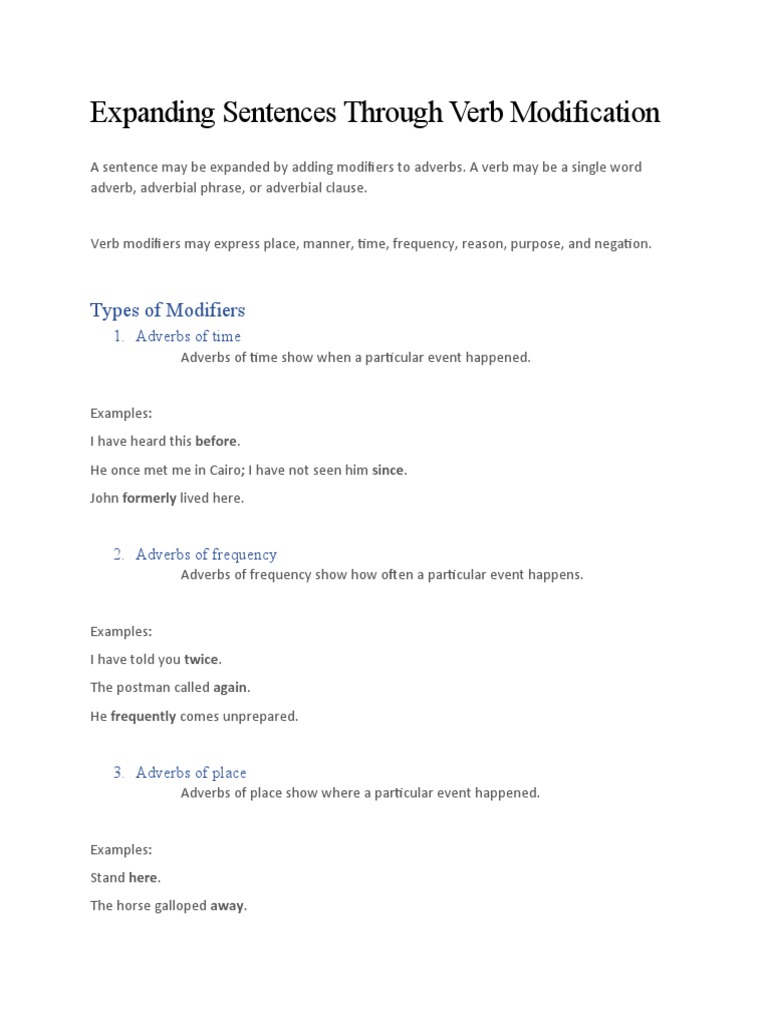 Expanding Sentences Through Verb Modification | PDF | Adverb | Verb