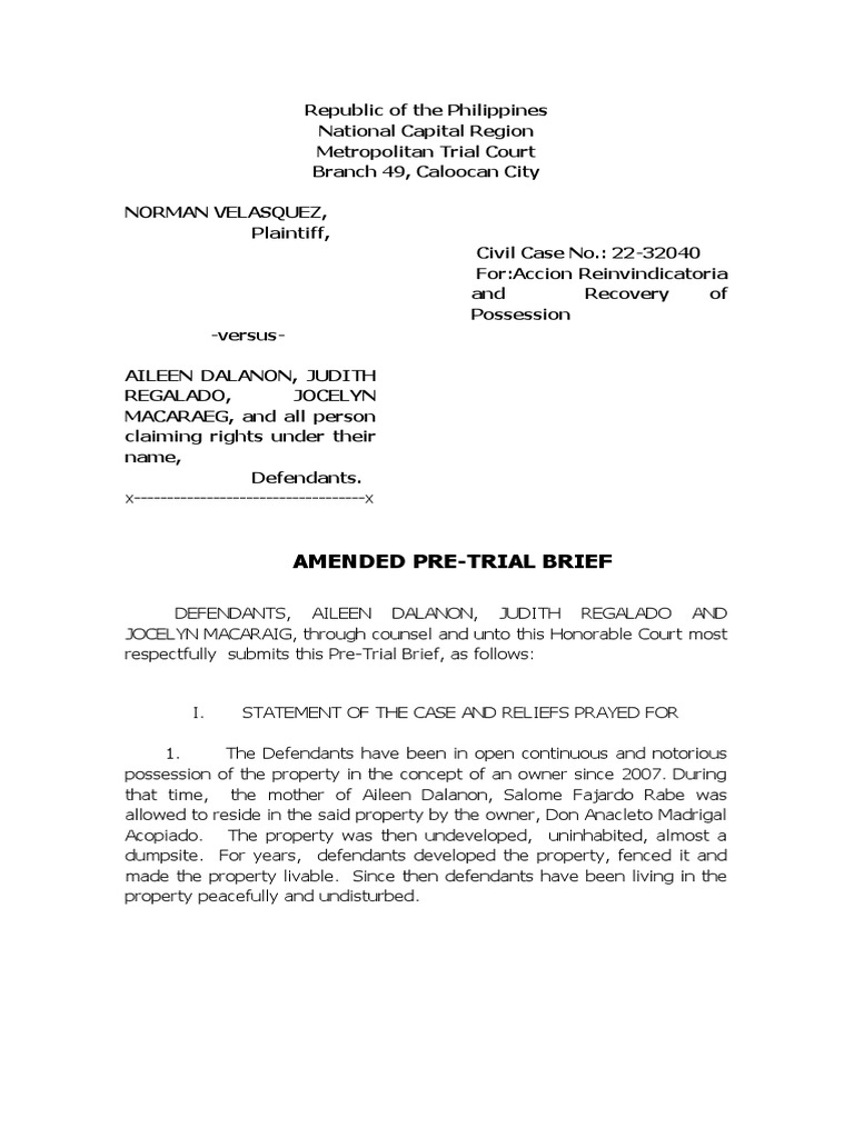 AMENDED Pre Trial Brief - Dalanon | PDF | Title (Property) | Civil Law ...