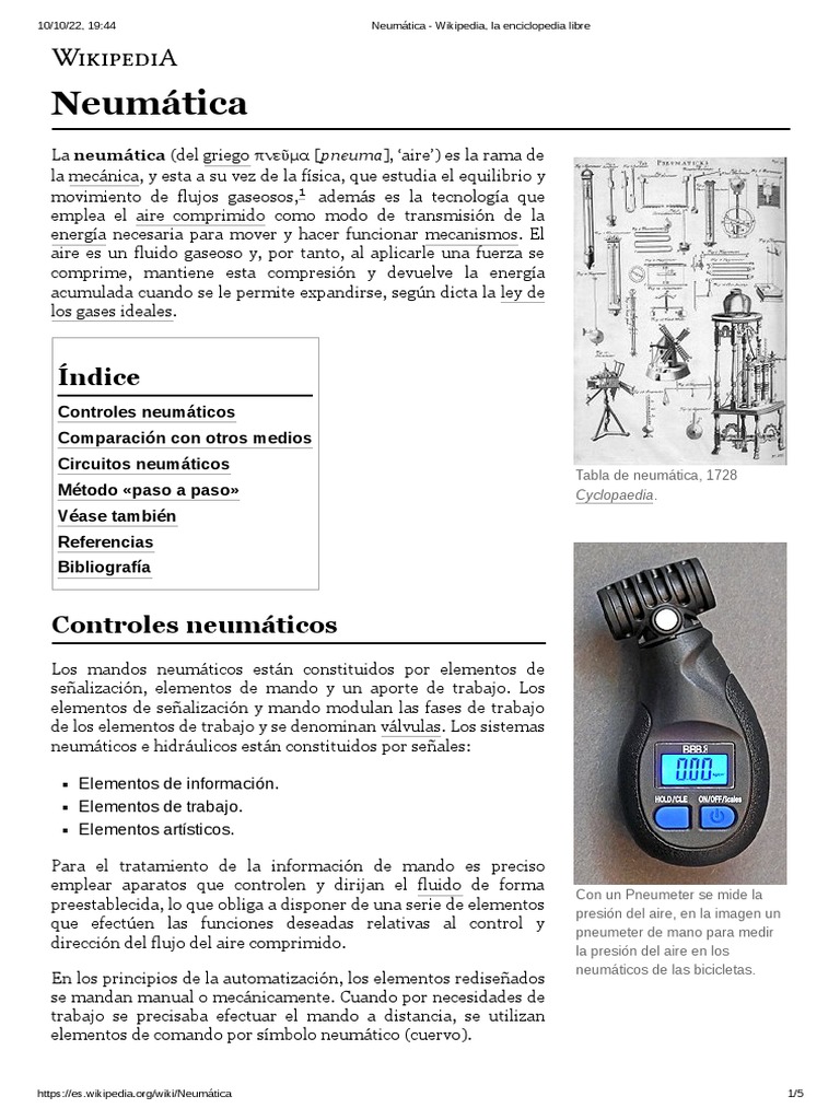 Neumática - Wikipedia, La Enciclopedia Libre | PDF | Neumática | Gases