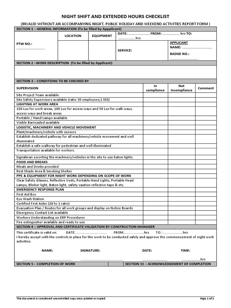 Night Work Activity Checklist | PDF | Safety